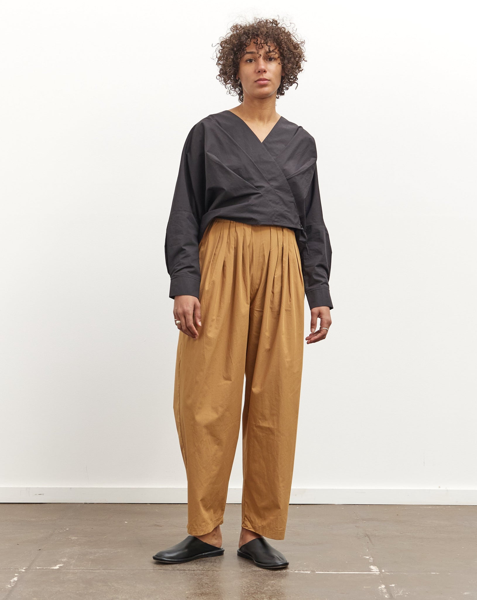 Black Crane Straight Draped Pants, Camel | Glasswing