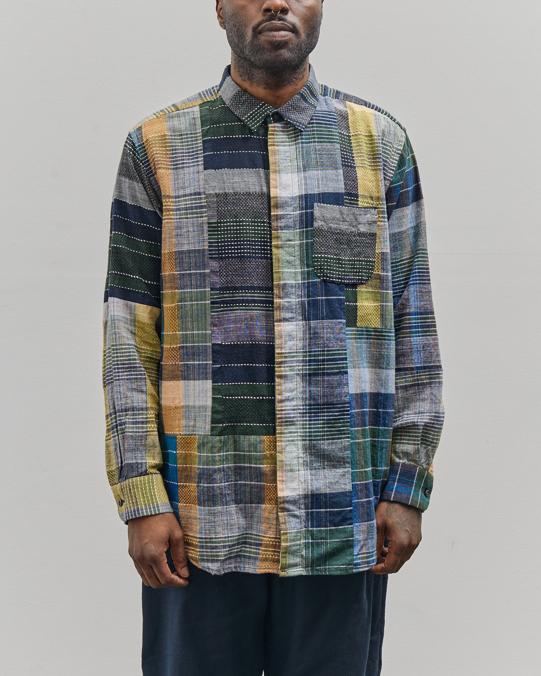 Engineered Garments Combo Short Collar Shirt, Navy/Yellow/Green – Glasswing