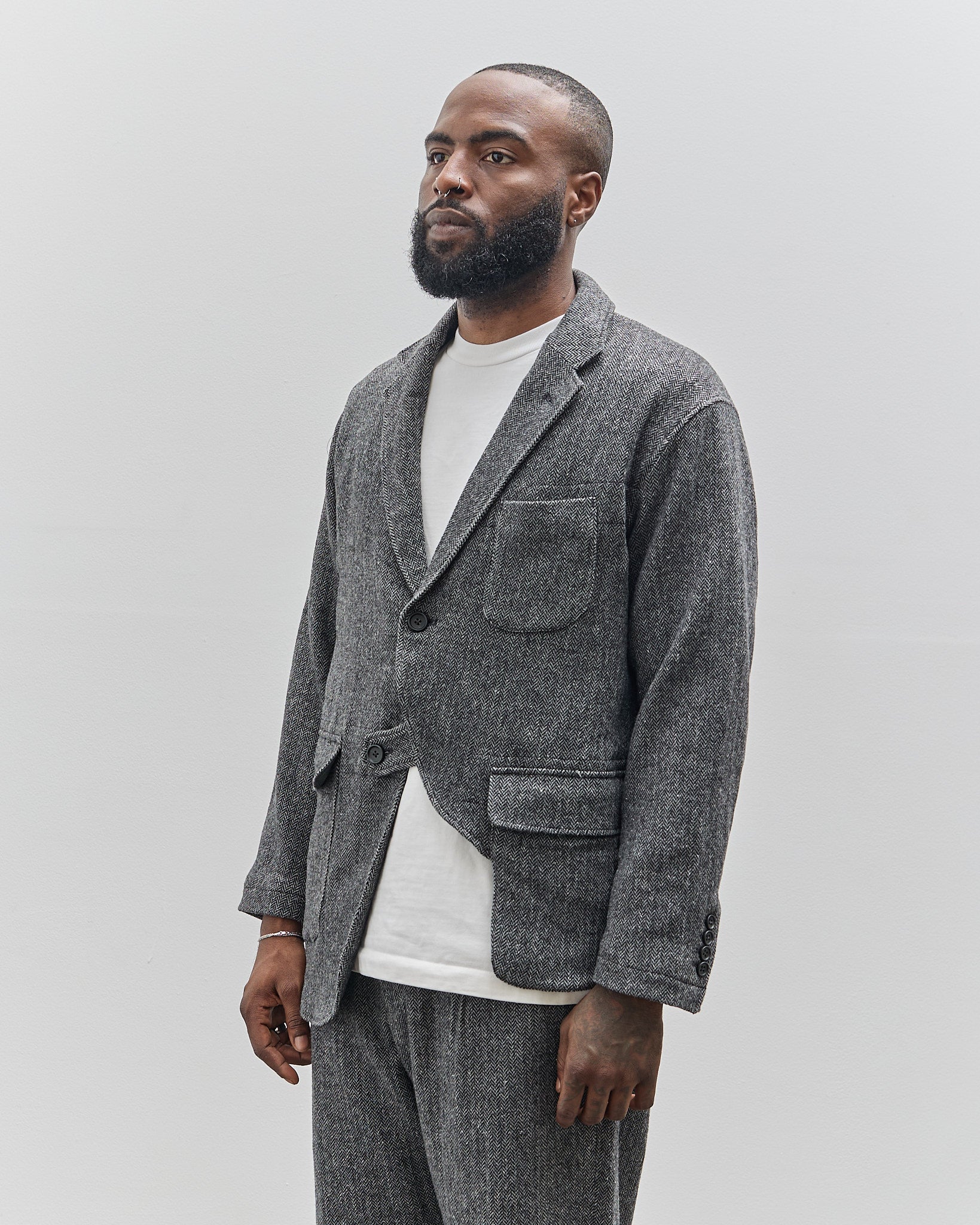 Engineered Garments Slanted Jacket, Grey Poly Wool Herringbone – Glasswing